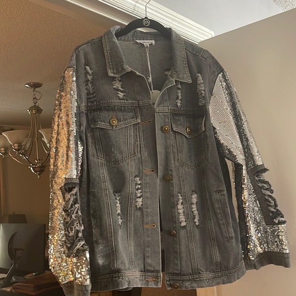 MACARON | Jackets & Coats | Wash Gray Sequin Sleeves Denim Jacket | Poshmark